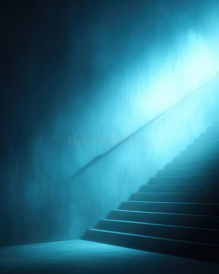 Dimly Lit Staircase with Soft Blue Lighting Creates a Minimalistic ...