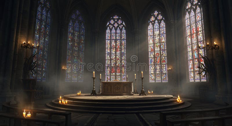 Dimly Lit Gothic Cathedral Altar with Stained Glass Windows and Candles ...