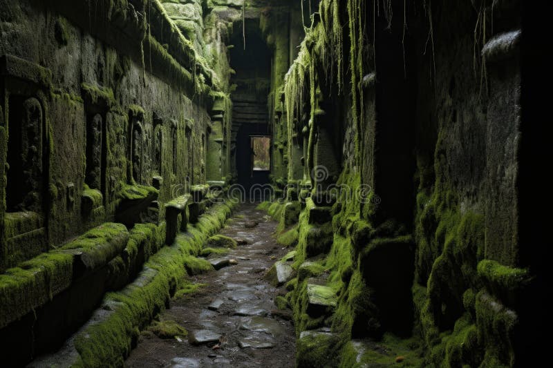 A Dimly Lit Stone Corridor with Moss Covering the Walls Stock Image ...