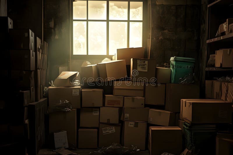 Dimly Lit Storage Room with Piled Cardboard Boxes and Wooden Shelves ...