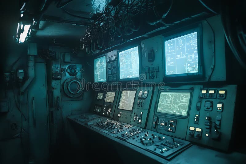 A Dimly Lit Submarine Control Room Filled with Monitors and Controls ...