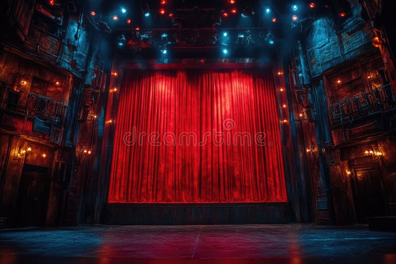 A Dimly Lit Theater Stage with a Bright Red Curtain, Ready for a ...