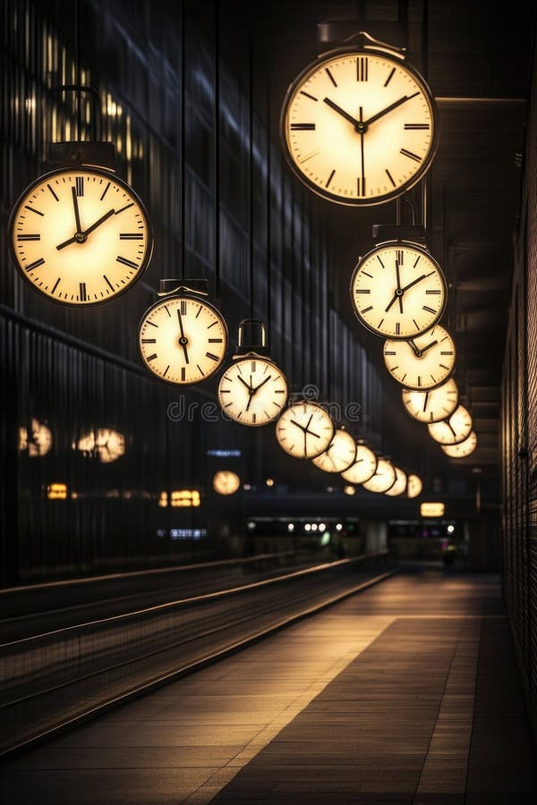 Dimly Lit Train Station with Hanging Clocks at Night Stock Image ...