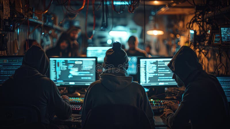 A Team of Skilled Hackers Collaborating in a Dimly Lit Underground ...
