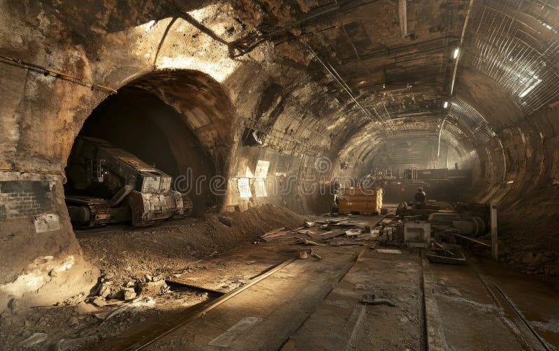 Dimly Lit Underground Tunnel Under Construction with Heavy Machinery ...
