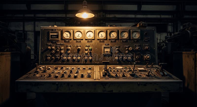 Dimly Lit Vintage Control Panel in an Industrial Setting with Numerous ...