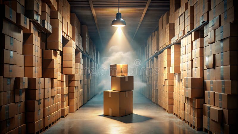 A Dimly Lit Warehouse Aisle with Stacked Cardboard Boxes, a Single ...