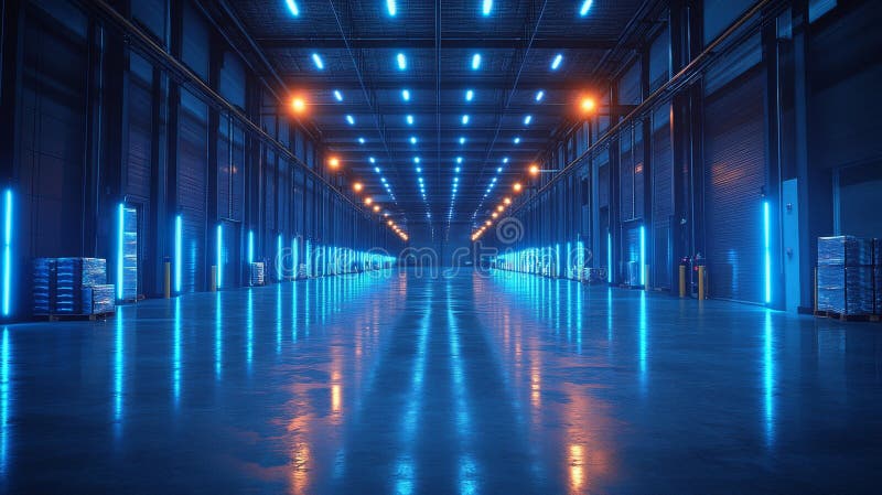 Dimly Lit Warehouse Featuring Automated Mobile Robots and Glowing LED ...