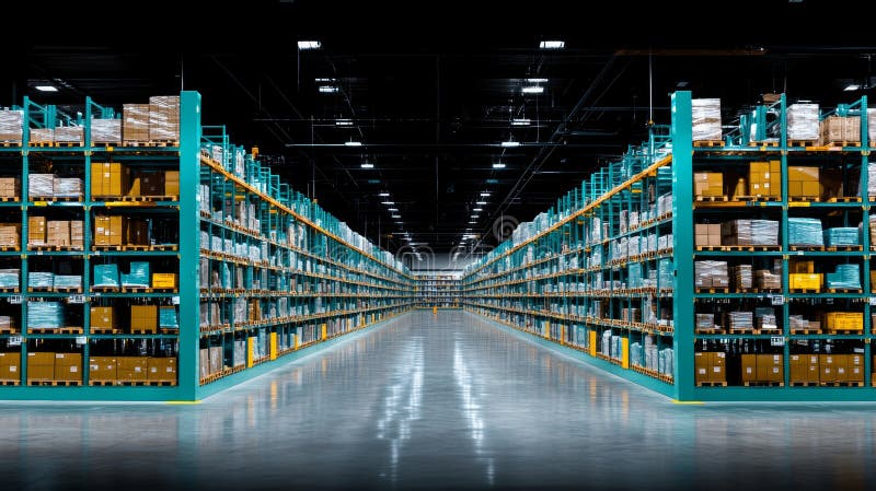 A Dimly Lit Warehouse Filled with Towering Shelves Stacked High with ...