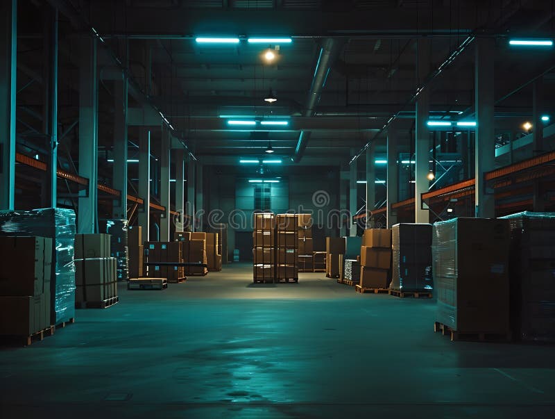 Quiet Warehouse at Night, Boxes and Shelves. Moody Lighting and No ...