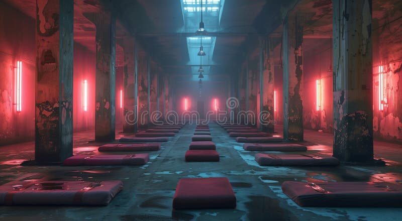 A Dimly Lit Warehouse with Red Neon Lights and Rows of Cushioned Beds ...