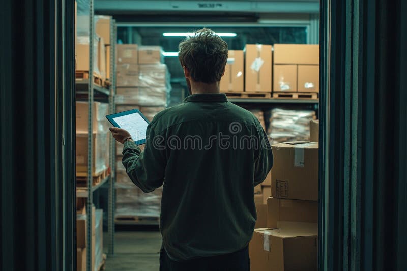 Warehouse Employee Manages Inventory with a Tablet Late at Night ...