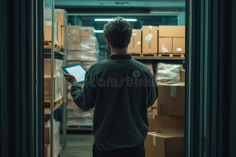 Warehouse Employee Manages Inventory with a Tablet Late at Night. Generative AI Stock ...