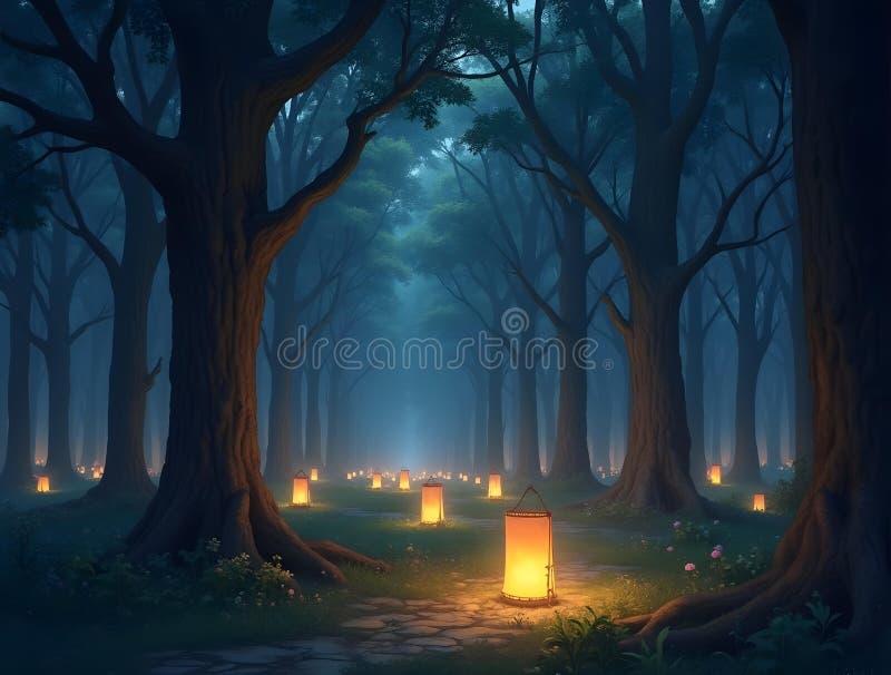 A Dimly Lit, Winding Forest Path is Lined with Paper Lanterns. the ...