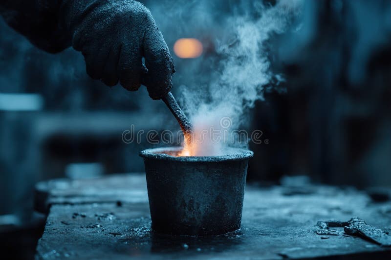 In a Dimly Lit Workshop, a Blacksmith Plunges a Glowing-hot Iron Piece ...