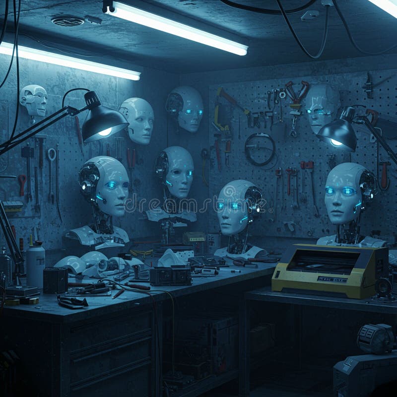 A Dimly Lit Workshop Features Multiple Humanoid Robot Heads with ...