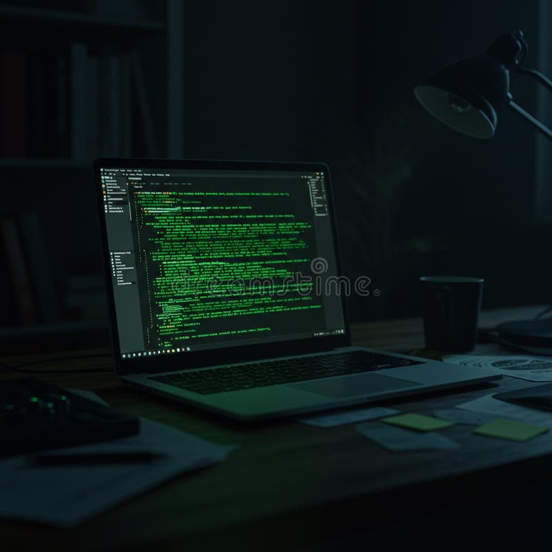 A Dimly Lit Workspace Featuring an Open Laptop Displaying Green Code on Its Screen, Stock ...