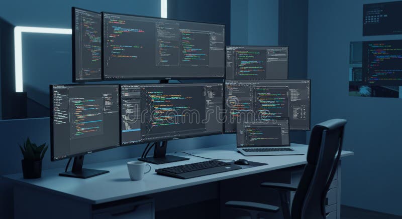 Dimly Lit Workspace with Multiple Monitors Displaying Colorful Programming Code. Six Stock ...