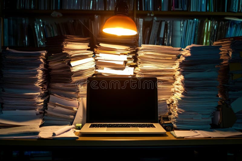Dimly Lit Workspace Surrounded by Stacks of Paper and Laptop Stock ...