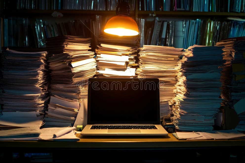 Dimly Lit Workspace Surrounded by Stacks of Paper and Laptop Stock ...