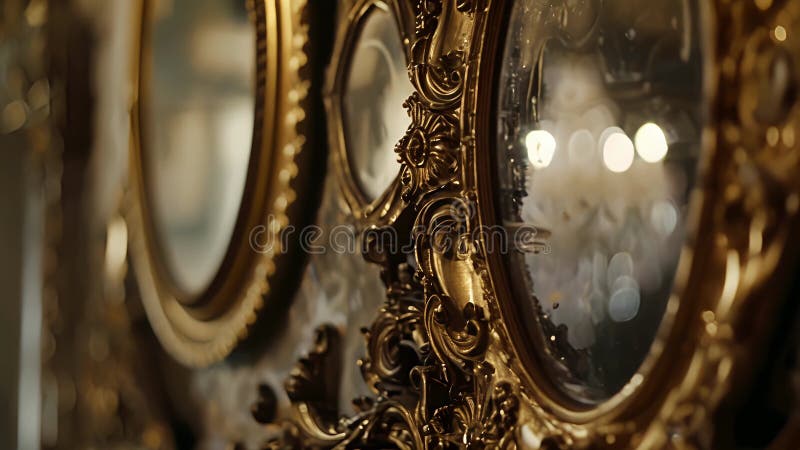 Dimly Visible Antique Mirrors and Intricate Frames Reflecting Light ...