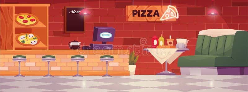 Diner Cafe Interior with Pizza Signboard, Vector Sofa with Table, Menu ...