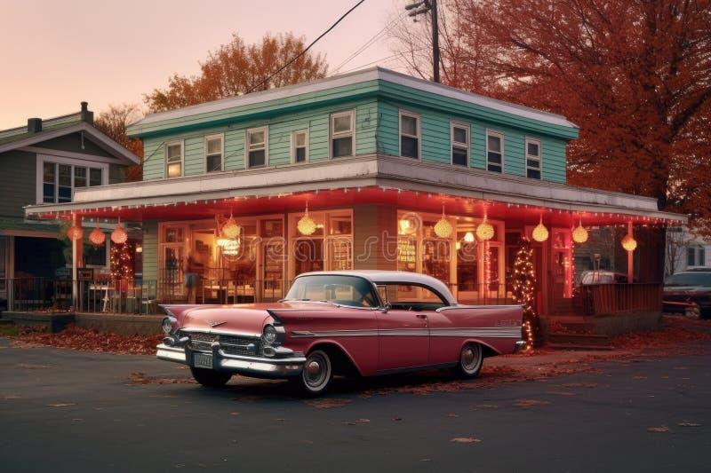 Diner Exterior with Vintage Car Parked Outside Stock Illustration ...