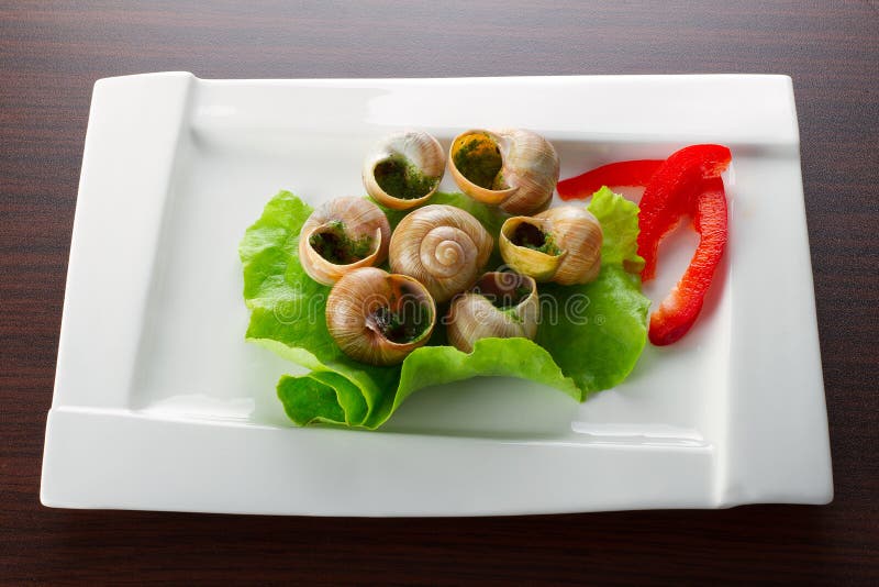 Franse Slakken in Knoflookboter Op De Plaat Stock Foto - Image of groen ...