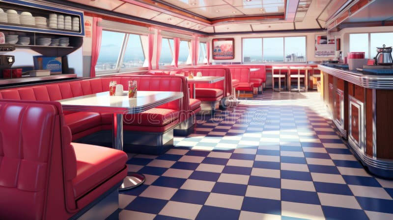 A Diner with Red Booths and Black and White Checkered Floor Stock Image ...