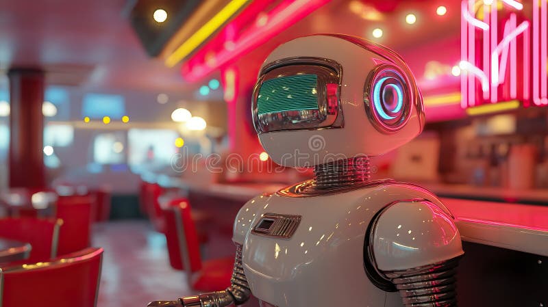 Diner with Self-serving Robot Waiters, Neon Lights, and Chrome Details ...