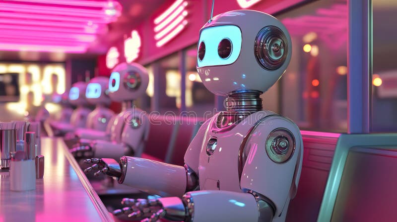 Diner Self Serving Robot Waiters Neon Lights Chrome Details Stock ...