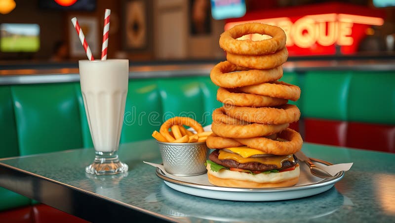 A Diner Table with a Large Stack of Onion Rings a Burger and a ...