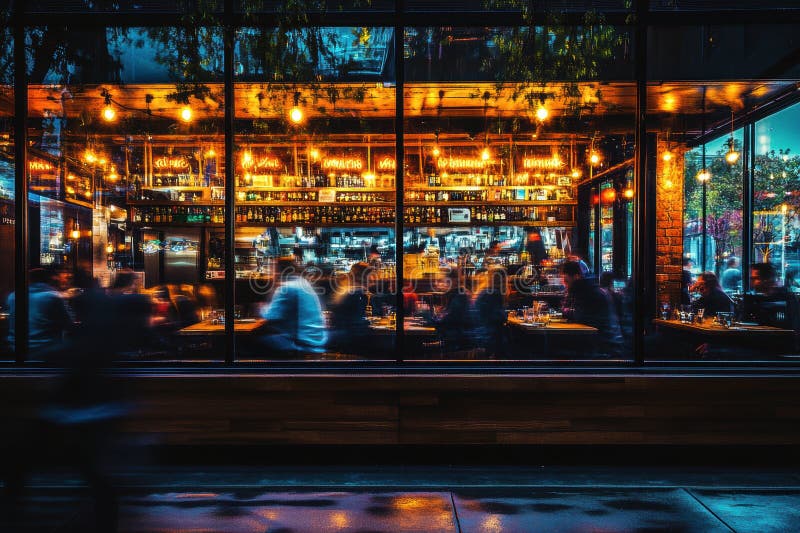 Diners Enjoying a Vibrant Atmosphere in a Brightly Lit Restaurant ...