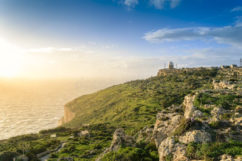 Dingli Cliffs and Aviation Radar at Sunset in Dingli, Malta Stock Image ...
