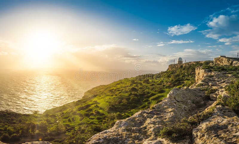 Dingli Cliffs and Aviation Radar at Sunset in Dingli, Malta Stock Image ...