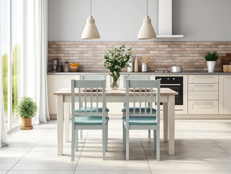 Dining Area with 4 Chairs Close To the Kitchen White Stock Illustration ...