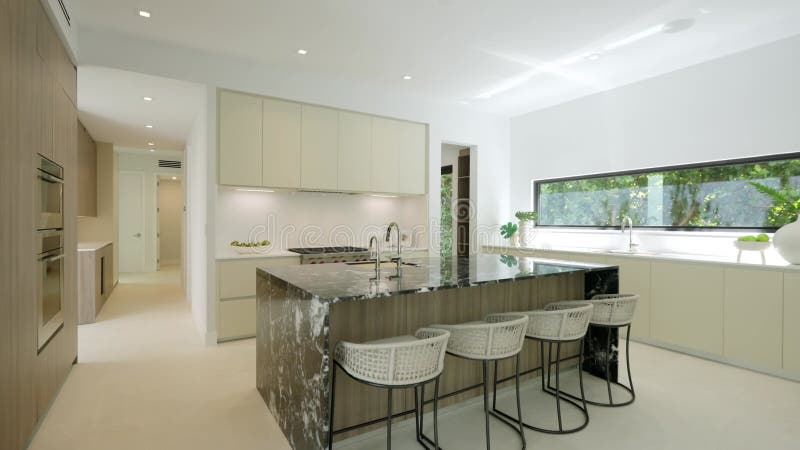 Dining Area with Four Bar Chairs Standing in Row by Luxury Kitchen ...