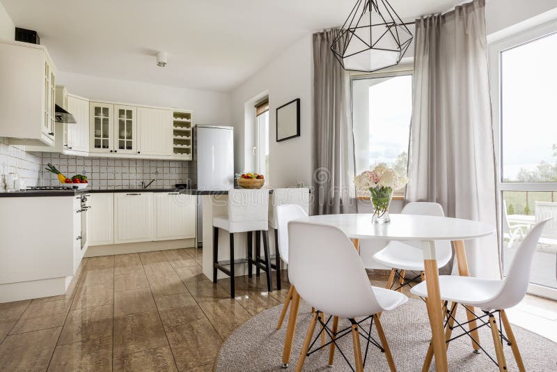 Dining Area and Kitchen Combined Stock Image - Image of flat, curtains ...