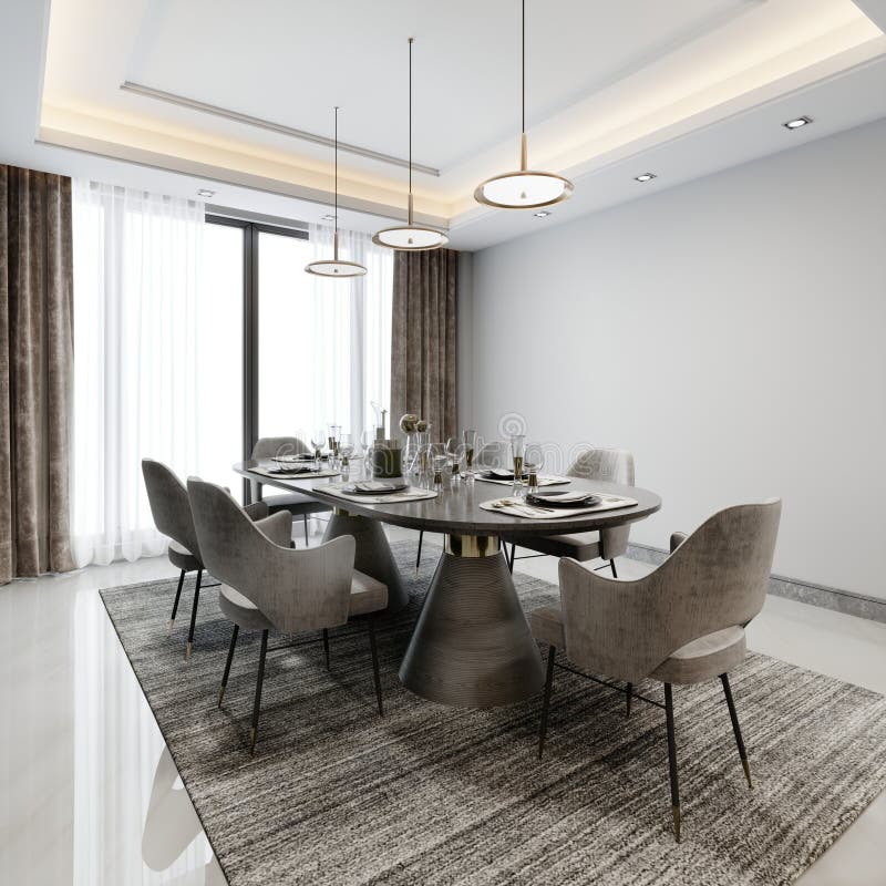Dining Area with a Dining Table by a Large Window in White and Gray ...
