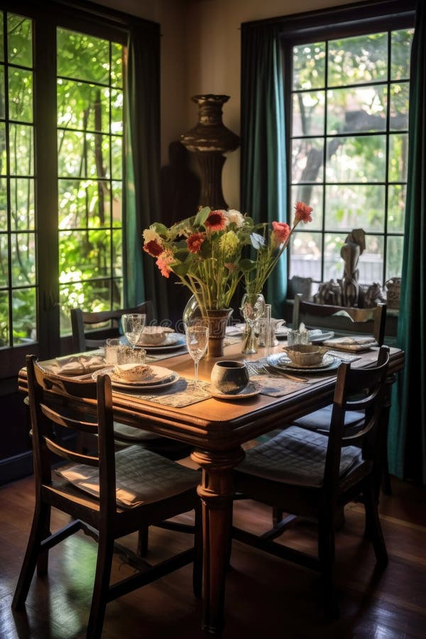 Dining Area with Table Set for a Meal Stock Illustration - Illustration ...