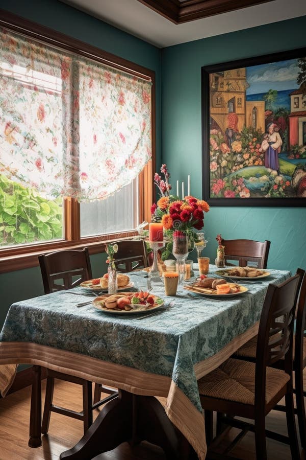 Dining Area with Table Set for a Meal Stock Illustration - Illustration ...