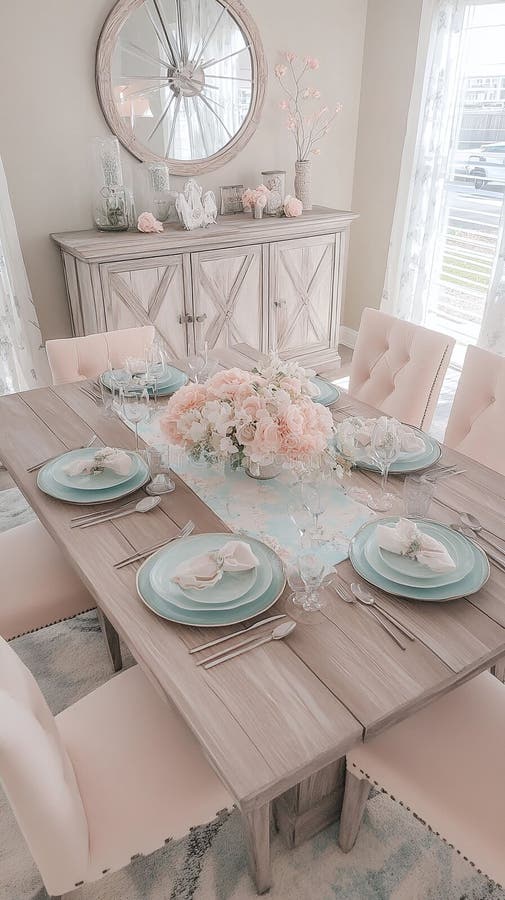 A Dining Area with a Wooden Buffet Floral Table Settings and a Light ...