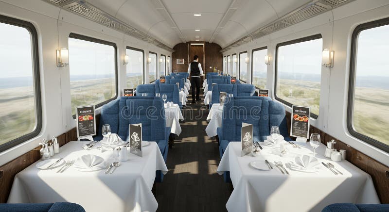 Dining Car Interior with Navy Blue Seating and Elegantly Set Tables ...
