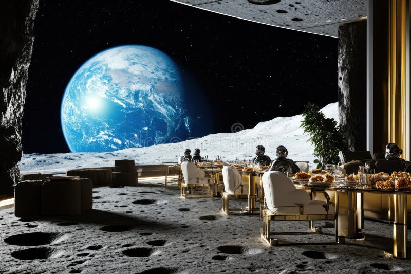 Dining Experience on the Moon with a View of Earth during a Stunning Lunar Evening Stock Photo ...