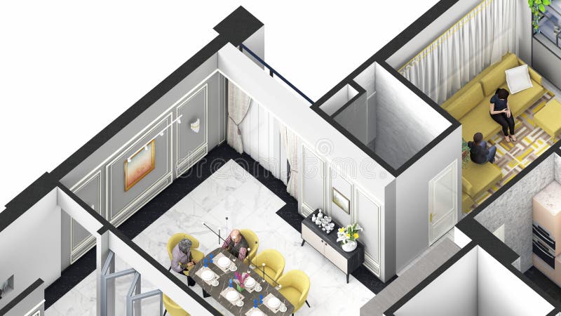 Dining and Family Living Room Isometric Typical Floor Plan 3d Model ...