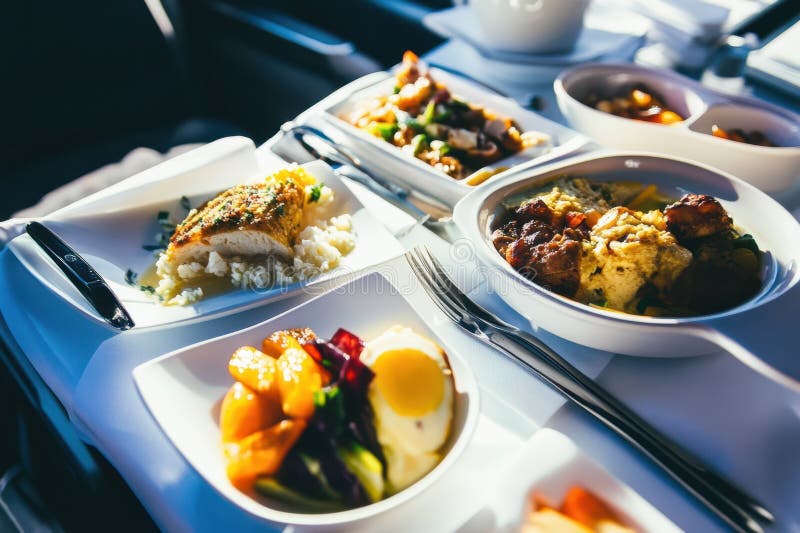 Dining on a Flight with an Array of Gourmet Dishes Served on a Tray ...