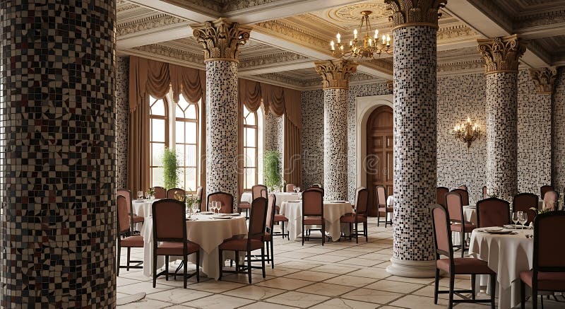 Dining Hall Interior with Columns and Tables Stock Illustration ...