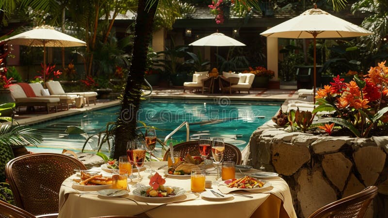 Dining at Hotel Poolside during Sunset Stock Illustration ...