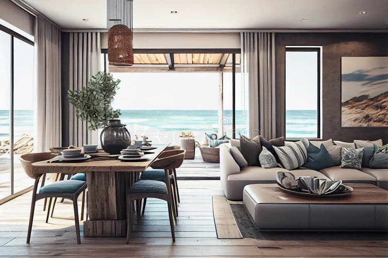 Dining and Living Room with Sea View.geneerative Ai Stock Illustration ...