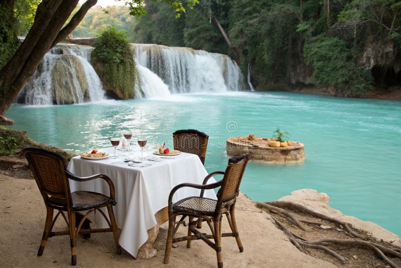 Dining in Nature with Turquoise Blue Waterfall Stock Illustration ...